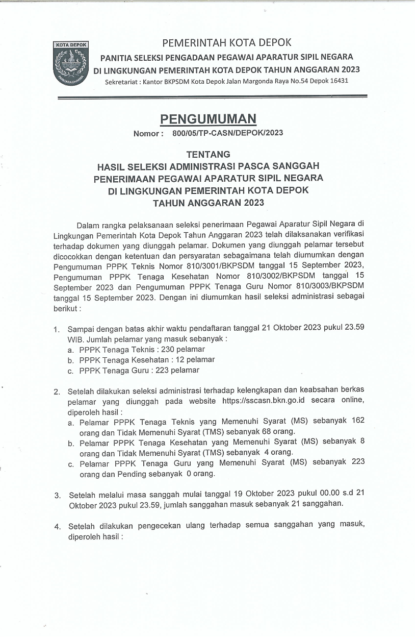 Pengumuman Hasil Seleksi Administrasi Pasca Sanggah Penerimaan Pegawai ASN di Lingkungan ...
