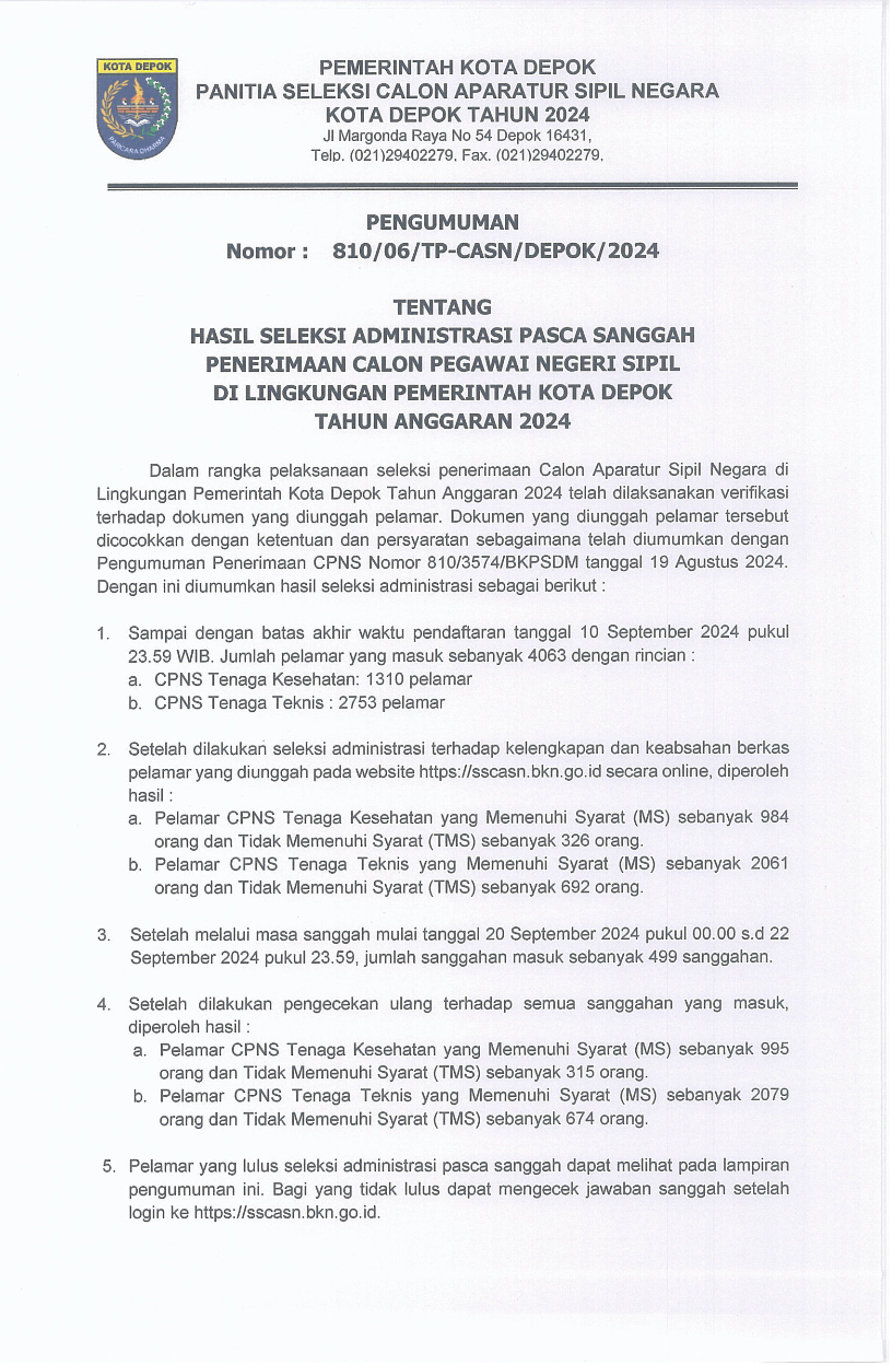 Pengumuman Hasil Seleksi Administrasi Pasca Sanggah Penerimaan CPNS di Lingkungan Pemerintah ...