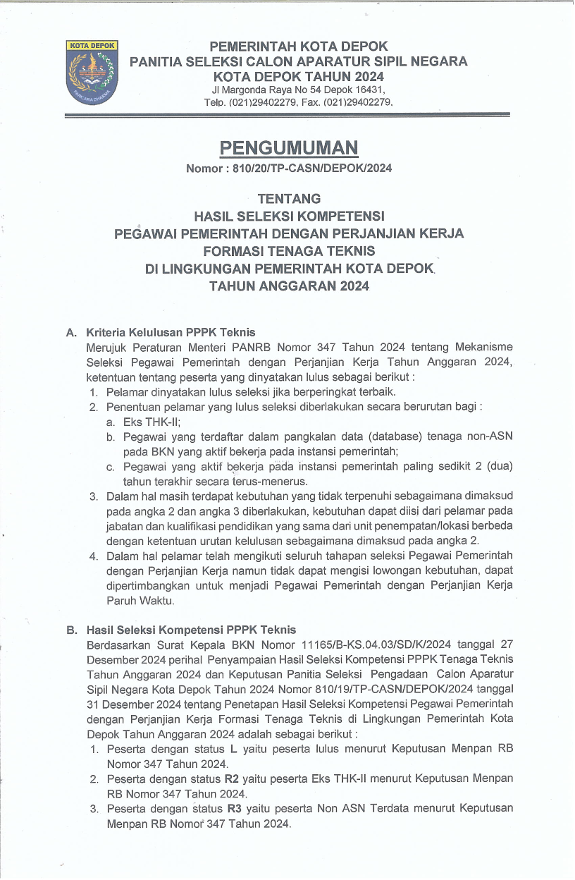 Pengumuman Hasil Seleksi Kompetensi PPPK Tenaga Teknis Kota Depok Tahun 2024 | Badan Kepegawaian ...