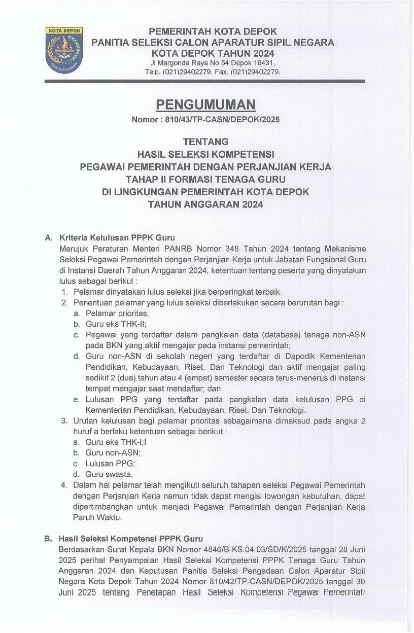 Pengumuman Hasil Seleksi Kompetensi PPPK Tahap II Formasi Tenaga Guru Kota Depok Tahun 2024 ...